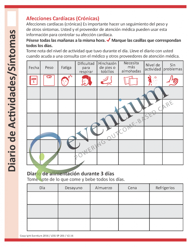 Weight/Symptom/Activity Log (Chronic Cardiac) Spanish | Eventium